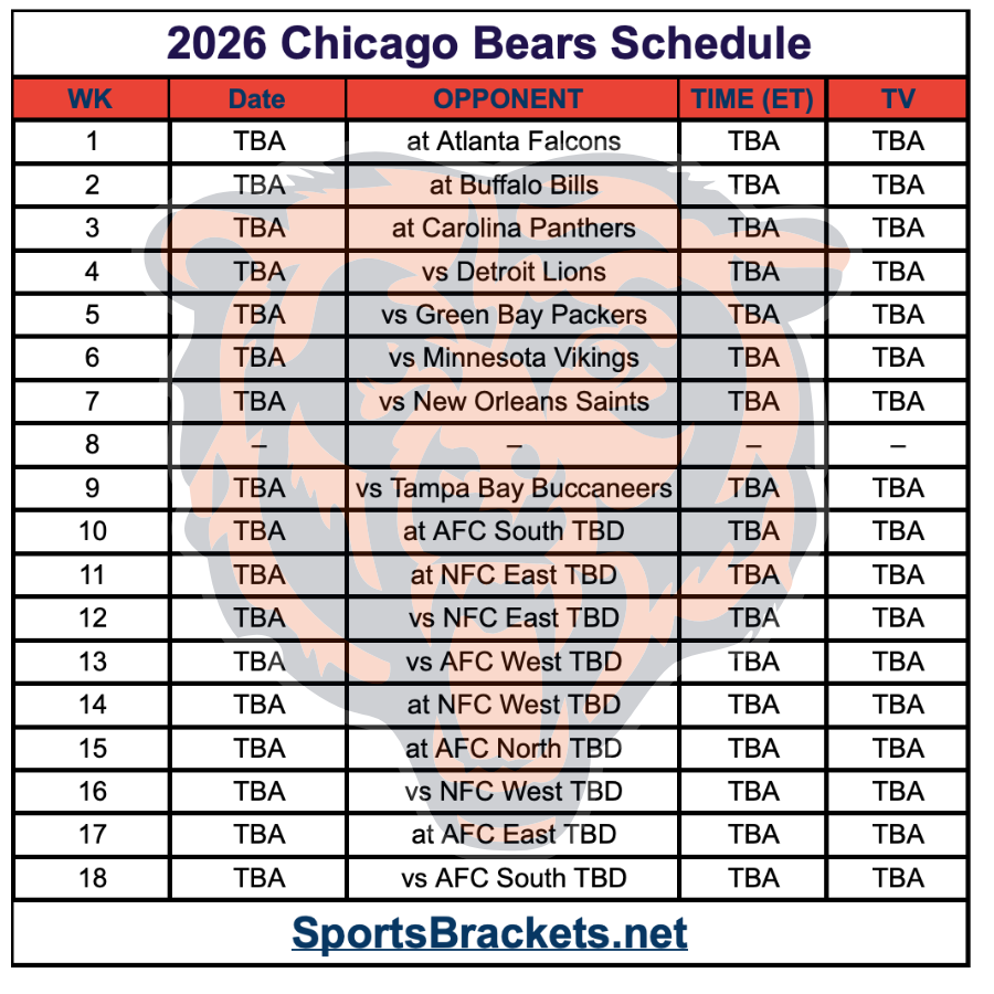 Agenda imprimible de los Chicago Bears 2026; Enfrentamientos y anuncios ...