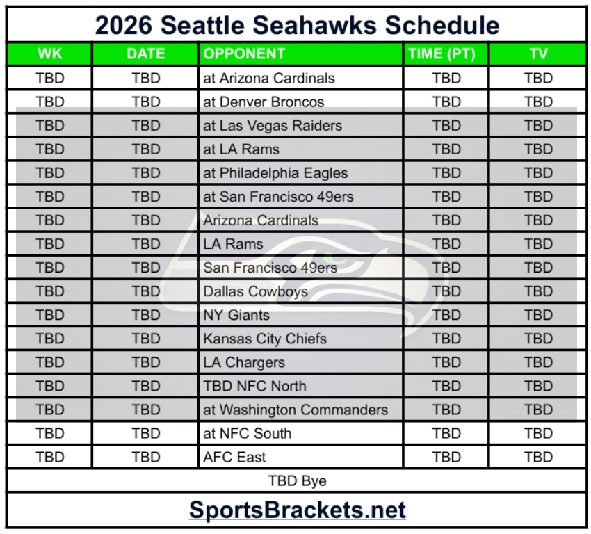 Agenda imprimible de los Seattle Seahawks 2026; Enfrentamientos y ...